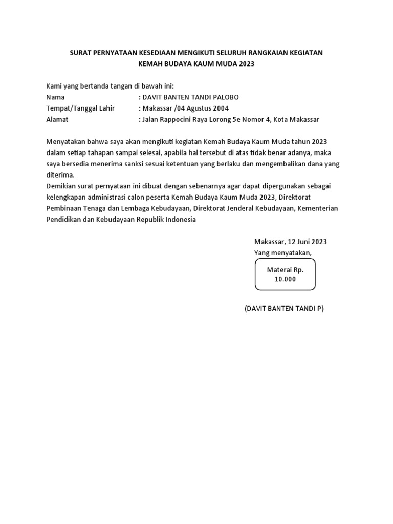 Surat Pernyataan Kesediaan Mengikuti Seluruh Rangkaian Kegiatan | PDF