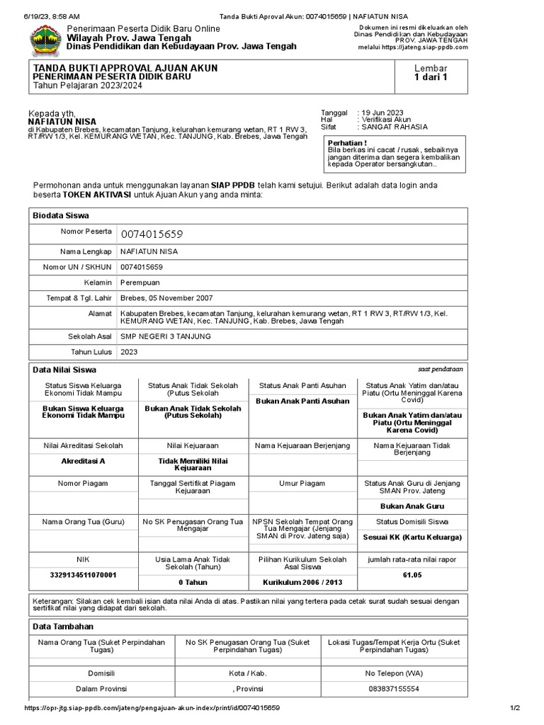 Tanda Bukti Aproval Akun - 0074015659 - NAFIATUN NISA | PDF