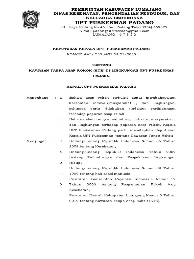 188 SK Kawasan Tanpa Rokok (KTR) PUSKESMAS 2023 Ok | PDF