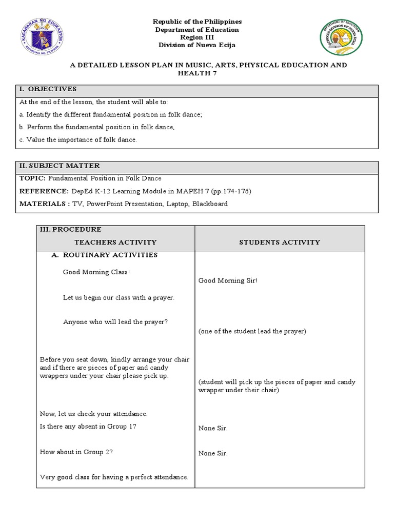 Mapeh 7 Lesson Plan | PDF | Behavior Modification | Cognition