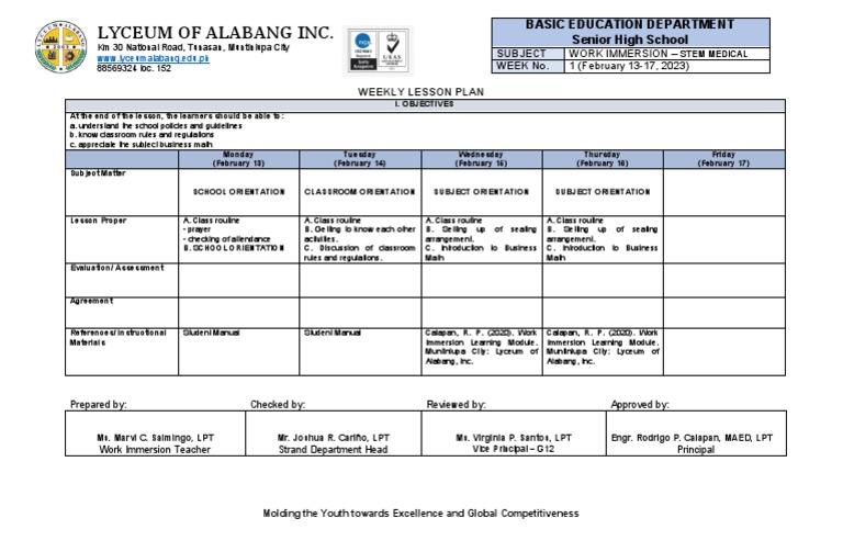 Week 1 Work Immersion Lesson Plan | PDF | Change | Communication