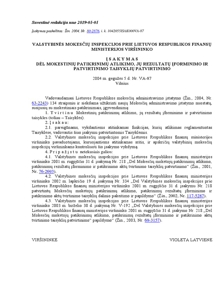 Įsakymas Dėl Mokestinių patikrinimų atlikimo, jų rezultatų įforminimo ir patvirtinimo taisyklių ...