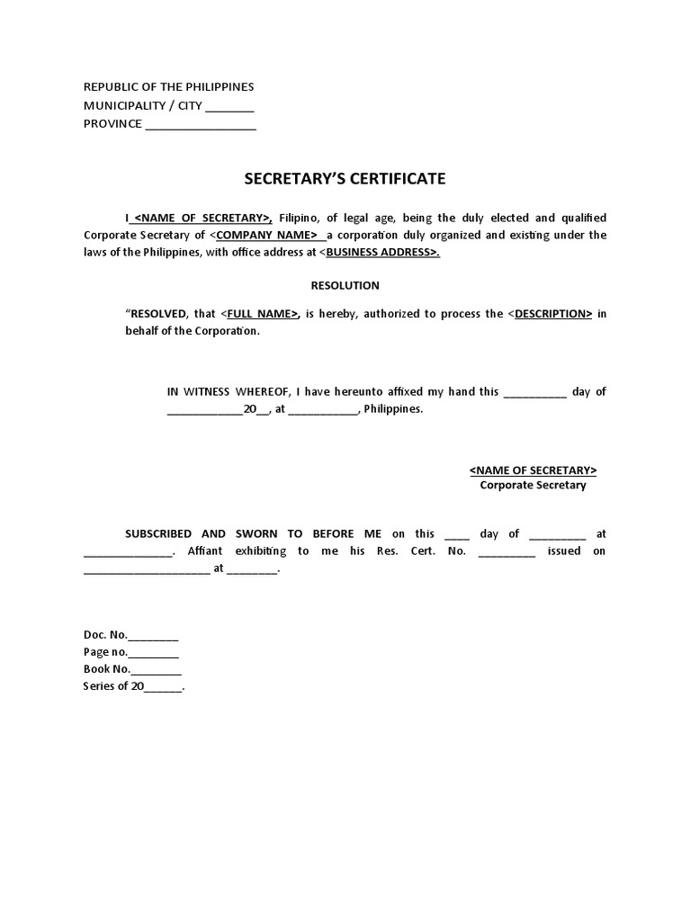 Secretarys Certificate - Format | PDF