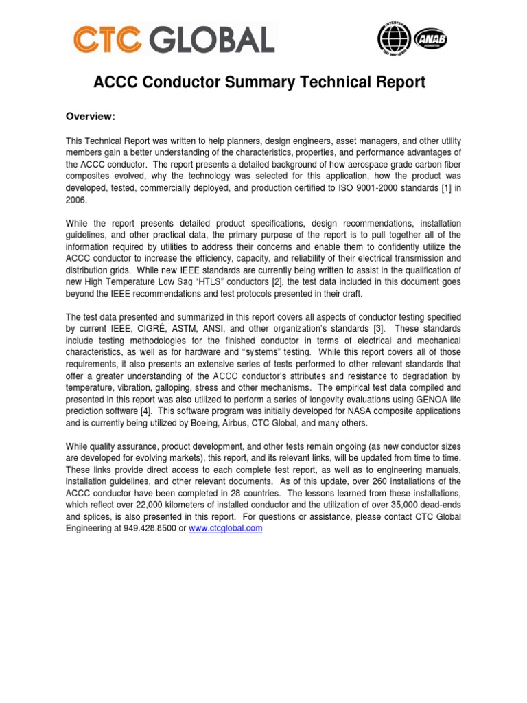 ACCC Conductor Technical Report Summary | PDF | Electrical Conductor ...