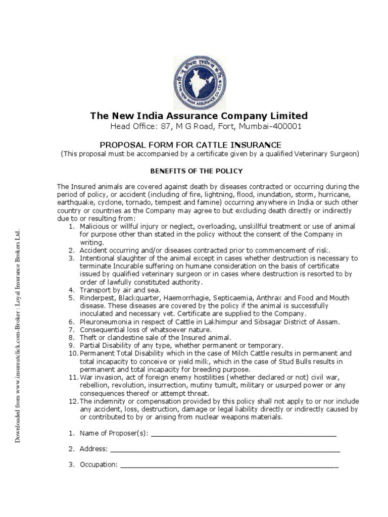 Cattle Insurance Proposal Form | PDF | Insurance | Underwriting