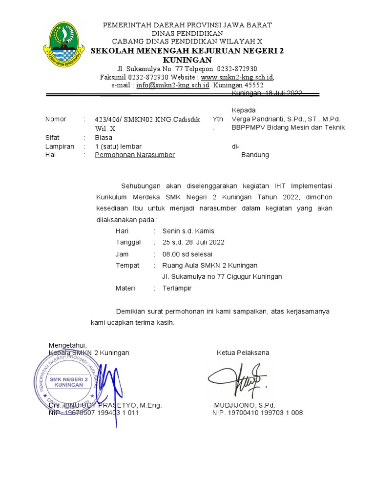 Surat Permohonan Nara Sumber IHT BBPPMPV | PDF
