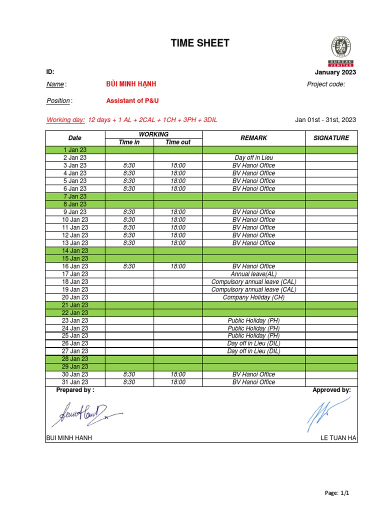 Timesheet Bui Minh Hanh - T1.2023 | PDF | Vietnam