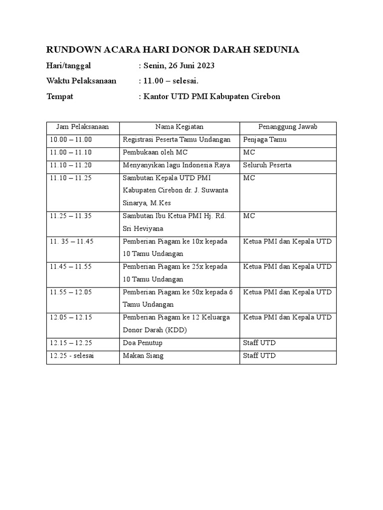 RUNDOWN ACARA HARI DONOR DARAH SEDUNIA (Revisi) | PDF