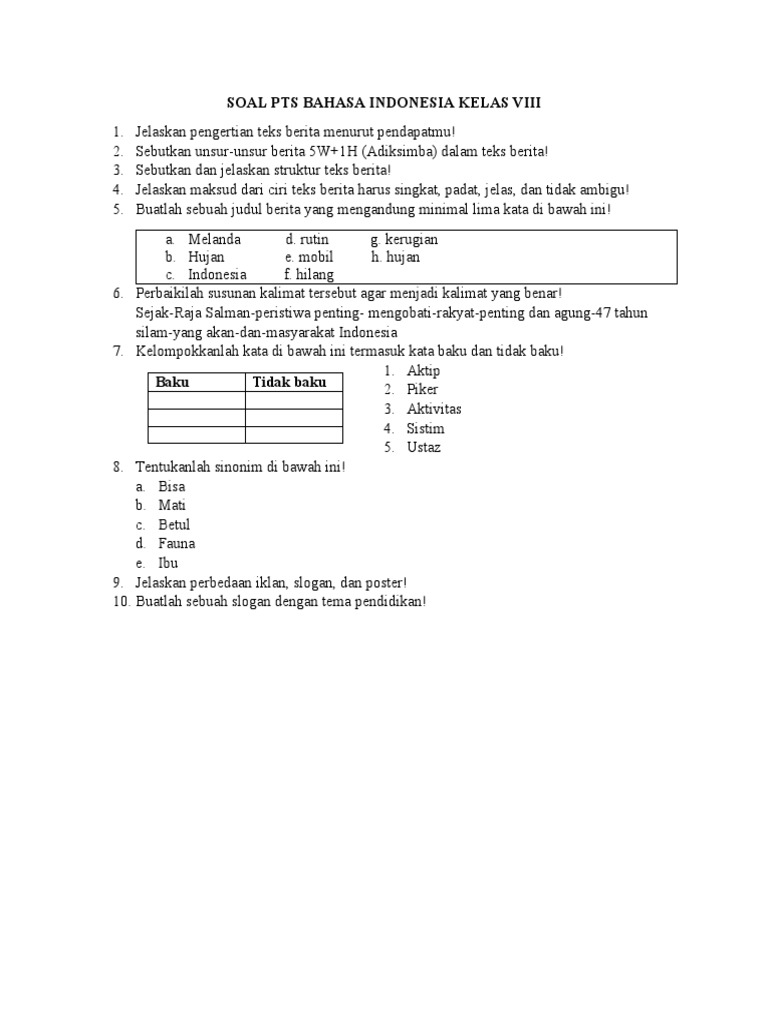 Soal PTS Bahasa Indonesia Kelas Viii | PDF | Seni & Disiplin Bahasa