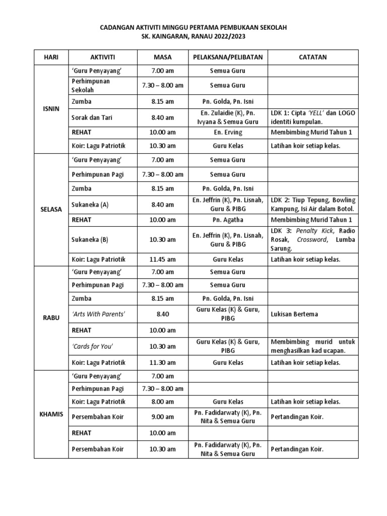 Jadual Aktiviti Minggu Pertama Persekolahan SKKR PDF | PDF
