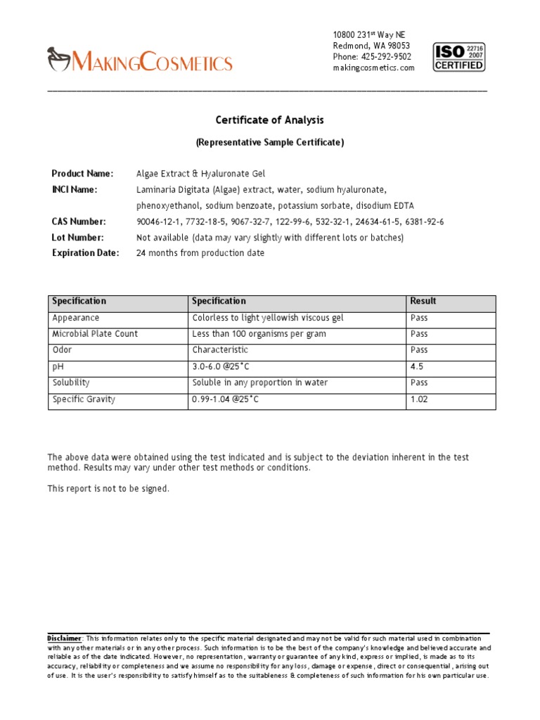 coa-algae-extract-hyaluronate | PDF | Chemistry | Physical Sciences