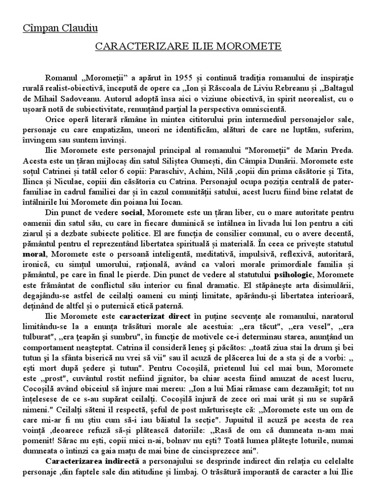 Caracterizare Ilie Moromete | PDF