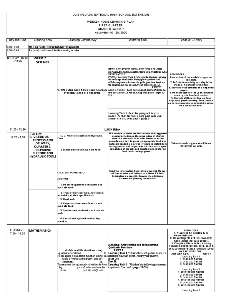 Grade 9 Weekly Home Learning Plan Week 7 | PDF | Function (Mathematics ...