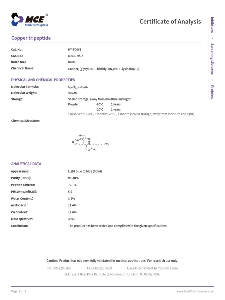 Copper Tripeptide COA 81888 MedChemExpress | PDF