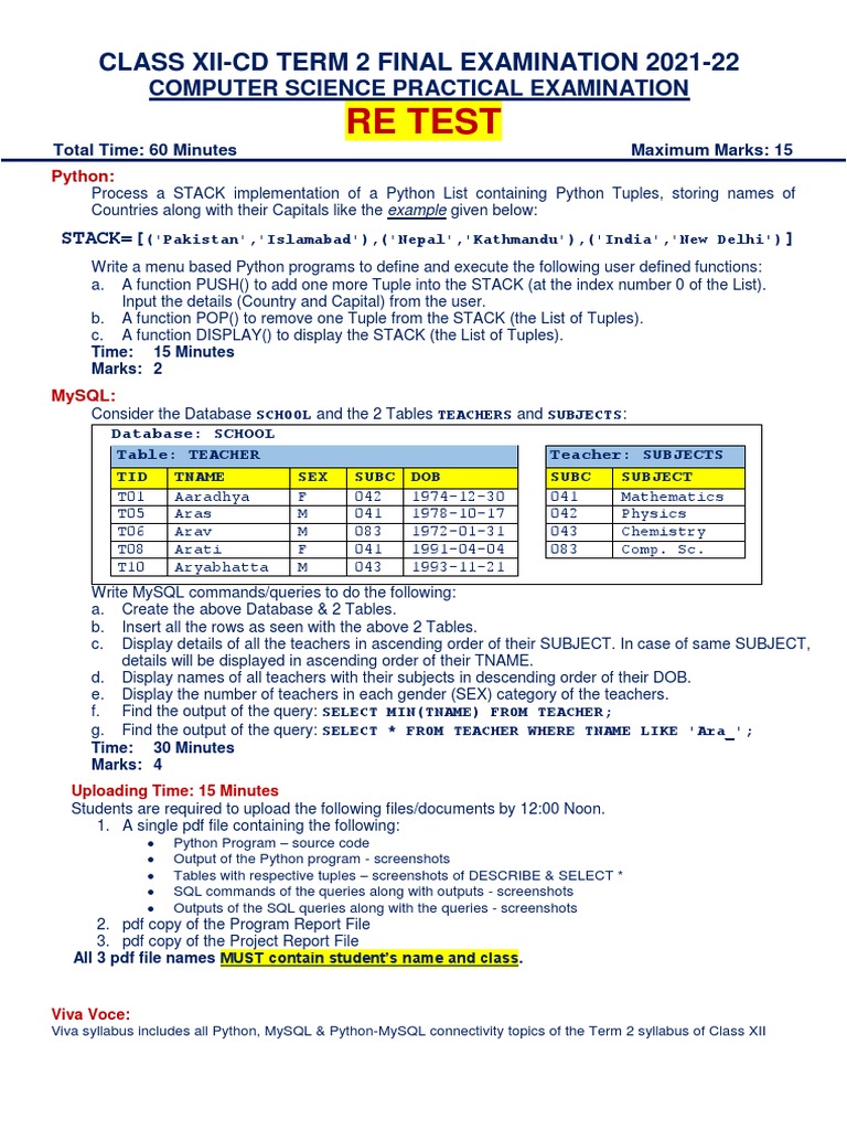 S7 Term 2 Cs Practical Exam Re Test Pdf Databases Software