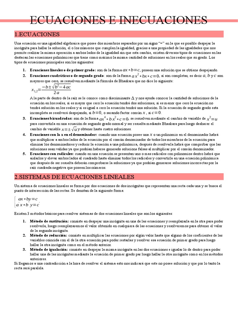 Ecuaciones e Inecuaciones Básicas | PDF | Ecuaciones | Sistema de ...