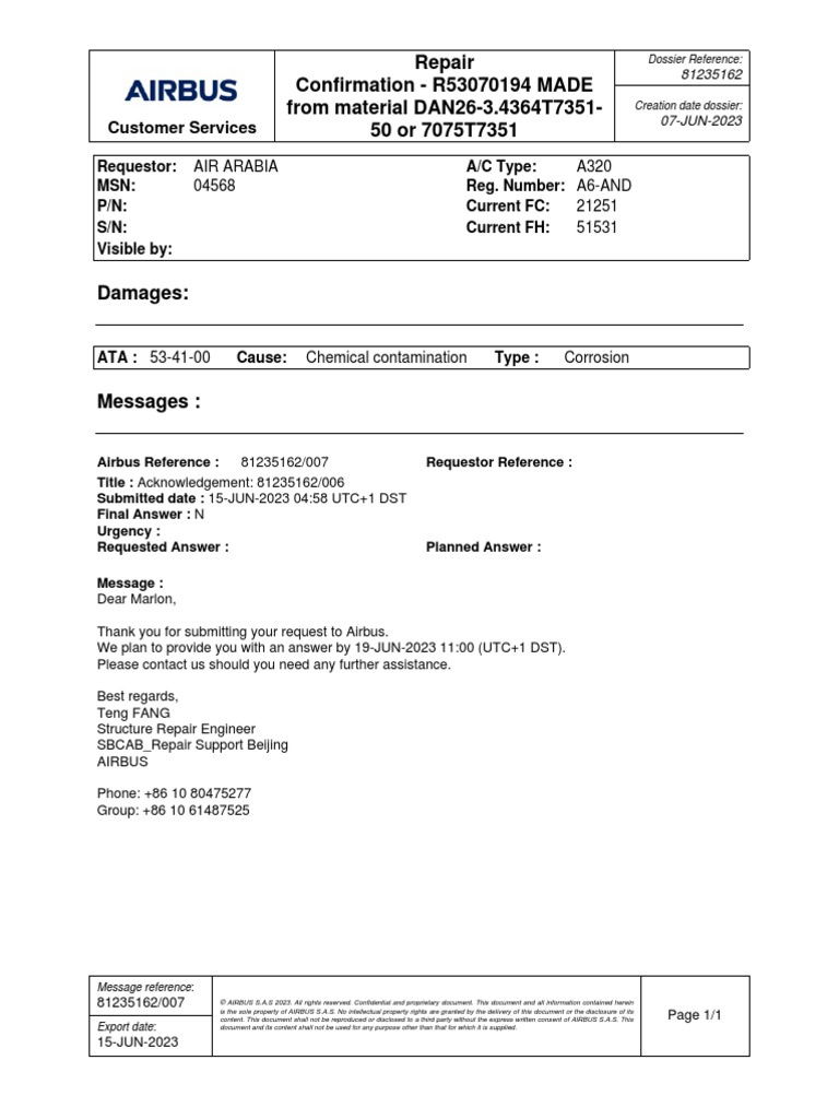 Repair Confirmation - R53070194 MADE From Material DAN26-3.4364T7351-50 ...