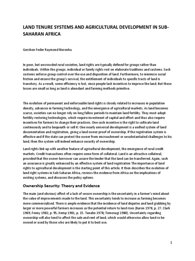 Land Tenure Systems and Agricultural Development in Sub Saharan Africa ...
