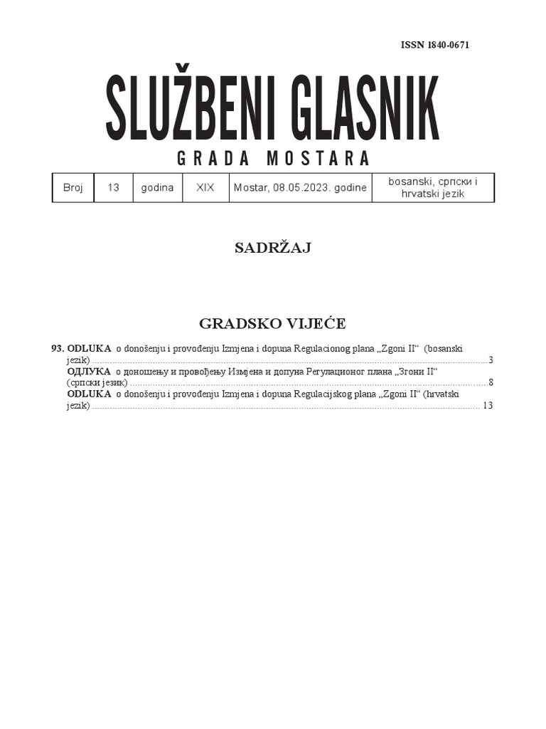 Službeni Glasnik Grada Mostara Broj 13-2023 | PDF