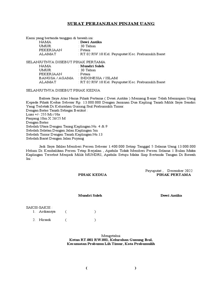 Surat Perjanjian Pinjam Uang Prabumulih | PDF