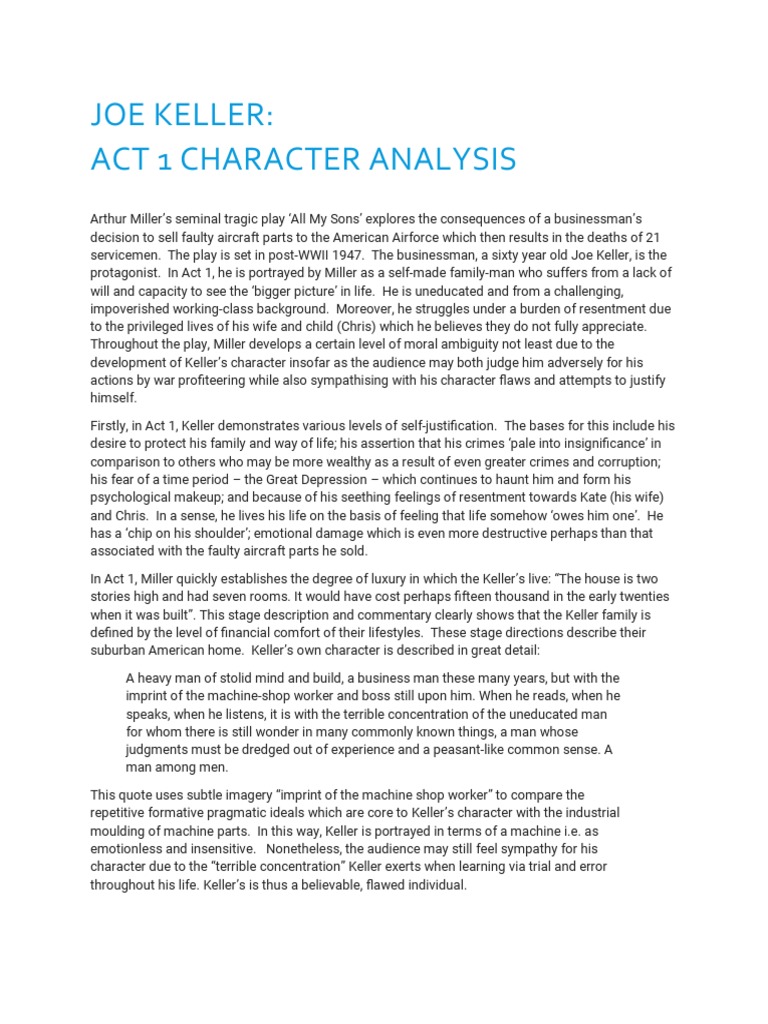 Joe Keller Character Analysis Act 1 | PDF