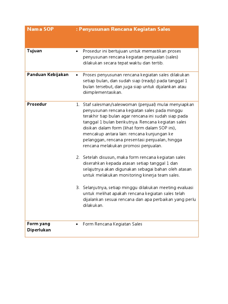 01 SOP Penyusunan Rencana Kegiatan Sales | PDF