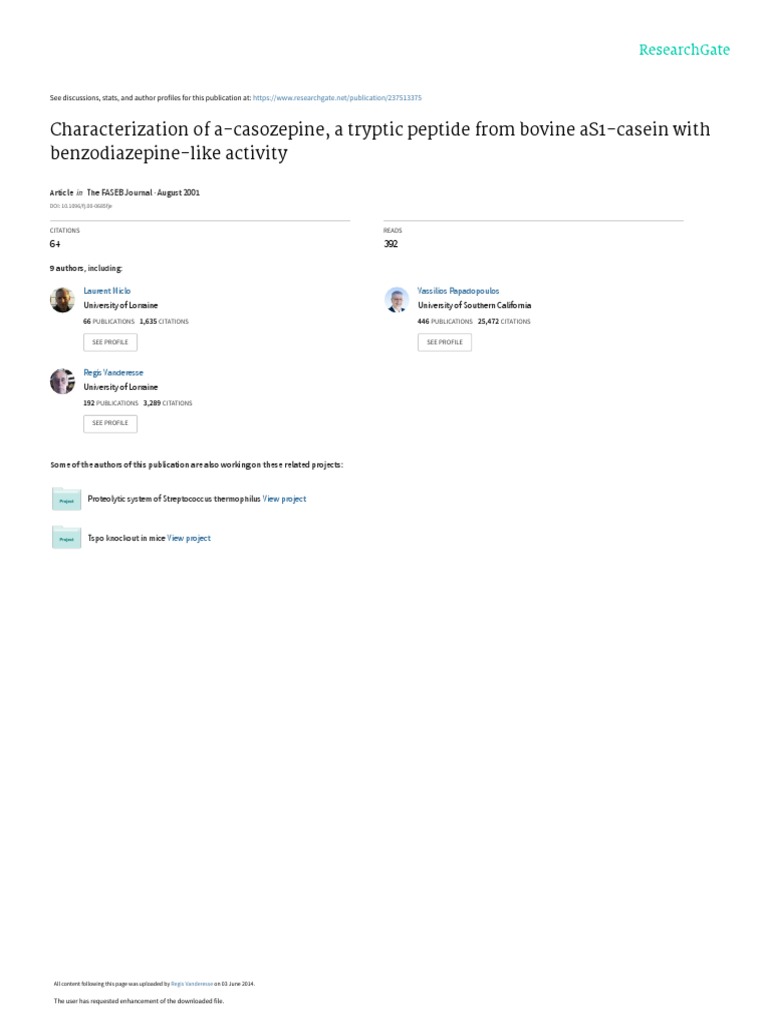 Characterization of A-Casozepine A Tryptic Peptide | PDF | Benzodiazepine | Ligand (Biochemistry)