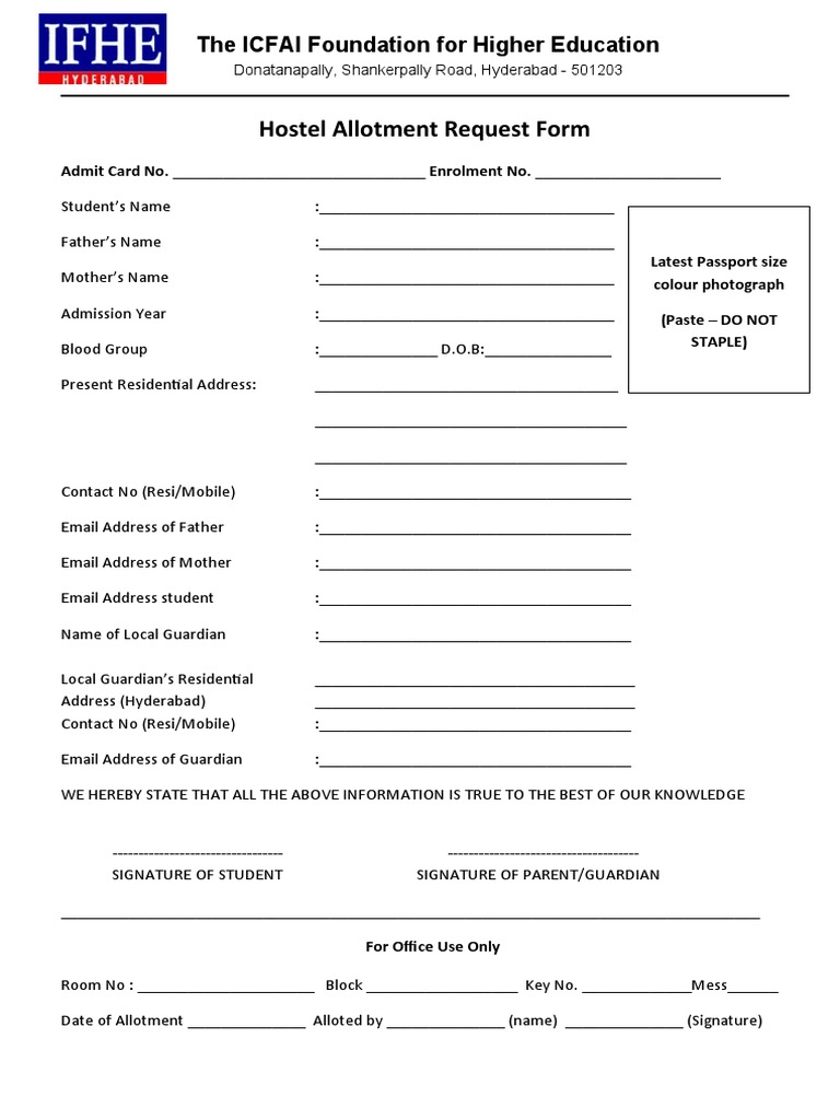 002 - Hostel Allotment Request Form | PDF
