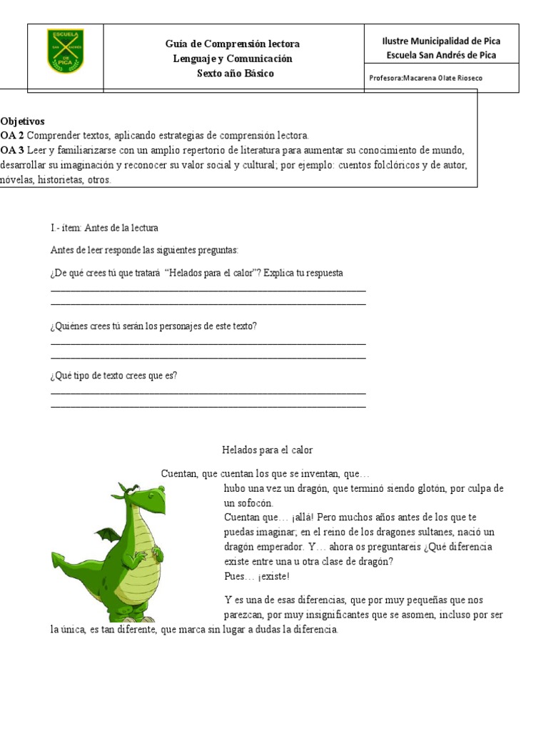 Guia comprension lectora helados para el calor quinto basico | PDF ...