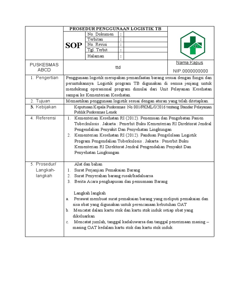 Sop TBC - Prosedur Penggunaan Logistik TB F | PDF