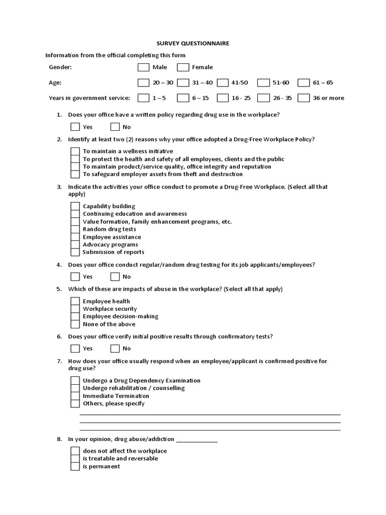 Survey Questionnaire Drug Free Workplace | PDF
