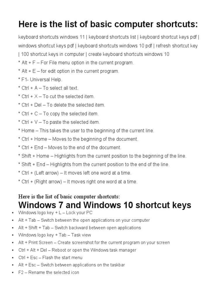 Basic Shortcuts | Download Free PDF | Keyboard Shortcut | Computer Keyboard