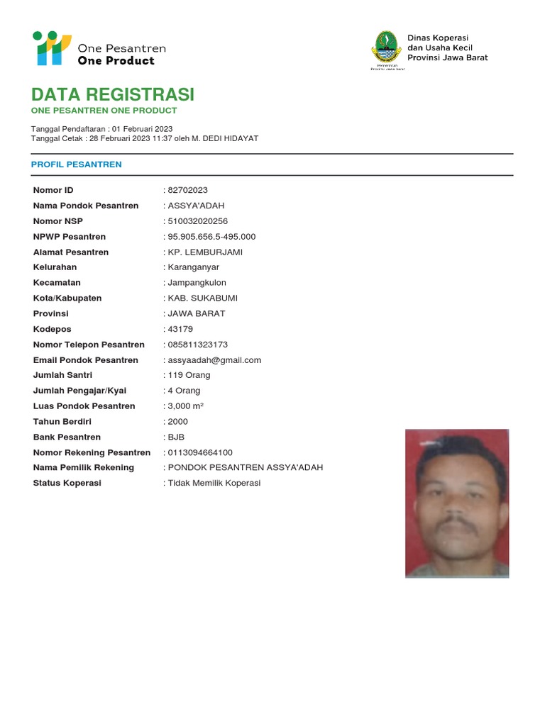 Data Registrasi Pesantren Assya'adah | PDF