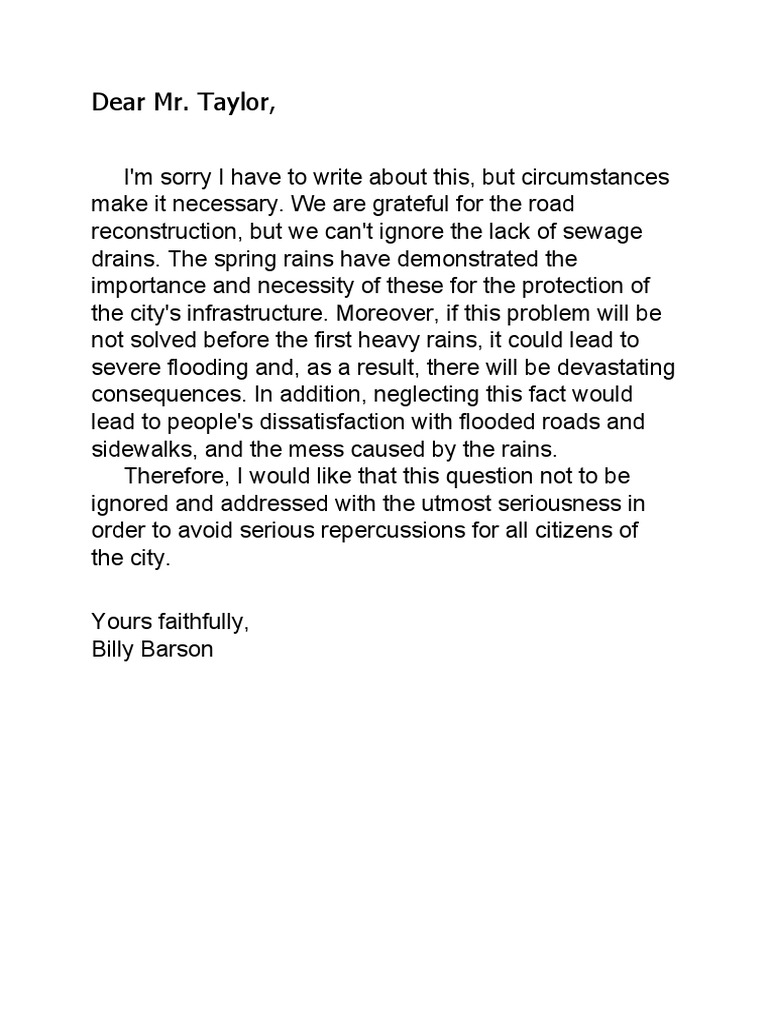 A Letter of Complaint (Streets Reconstruction) (1) | PDF