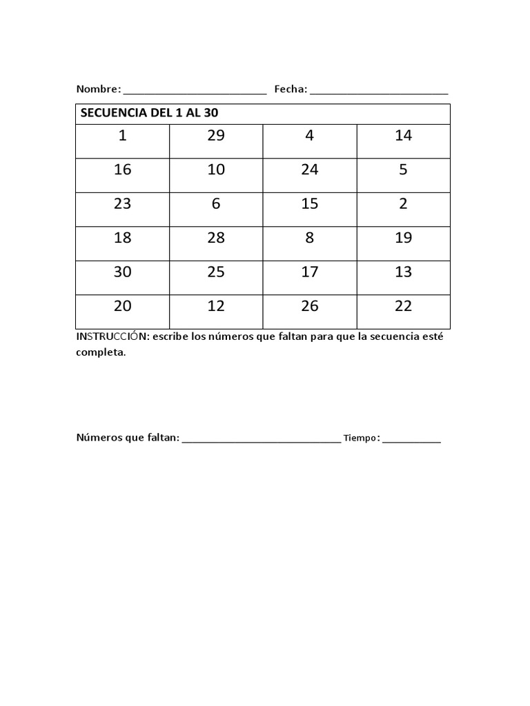 Secuencia de Números 1 - 30 | PDF