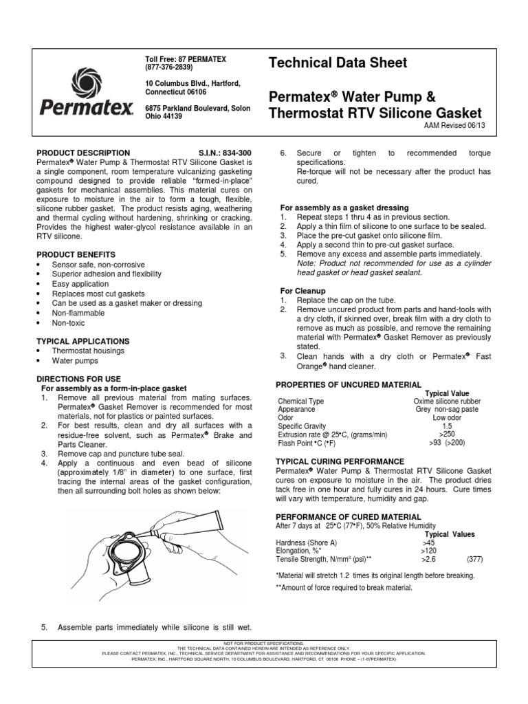 Technical Data Sheet Permatex Water Pump & Thermostat RTV Silicone Gasket | PDF | Silicone ...