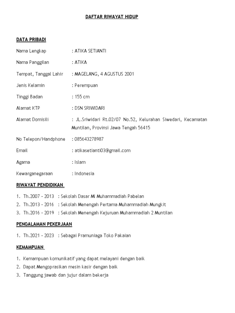 CV Atika | PDF | Gaya Hidup
