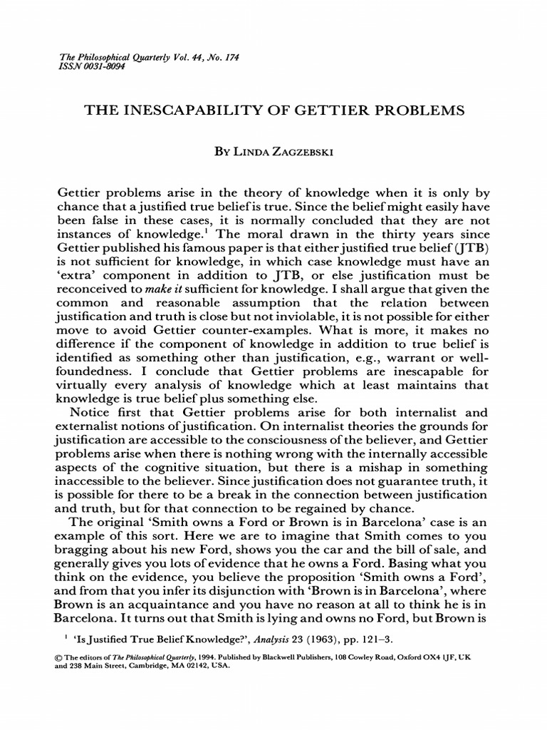 The Inescapability of Gettier Problems - Zagzebski | PDF