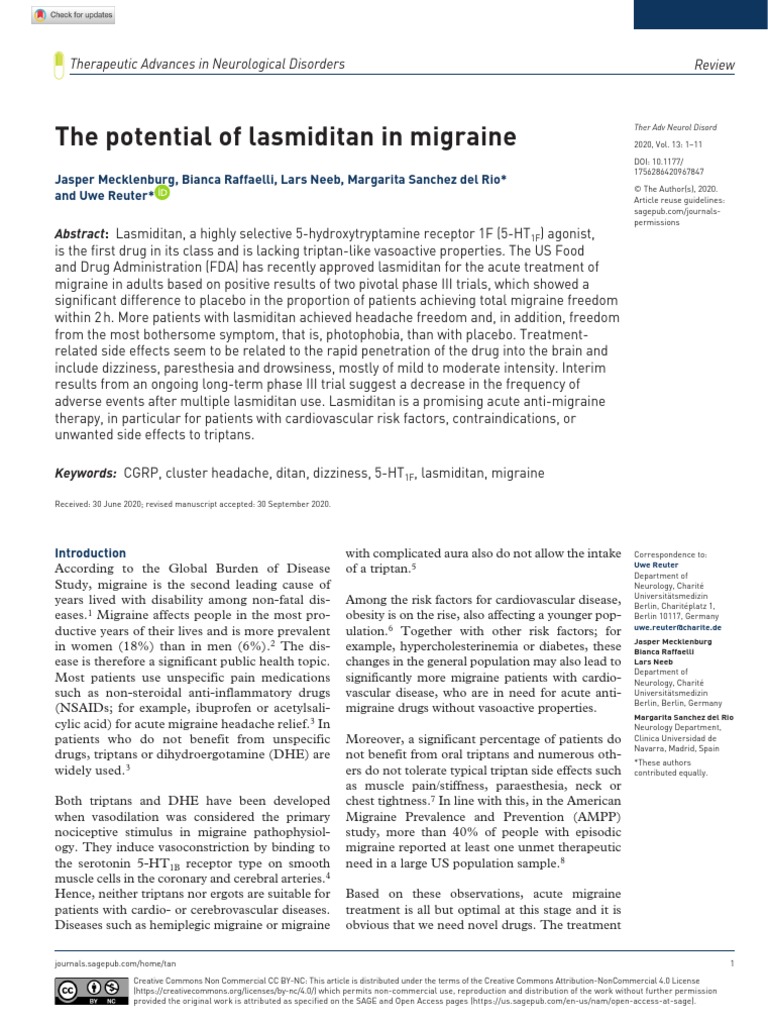 The Potential of Lasmiditan in Migraine:: Lasmiditan, A Highly ...
