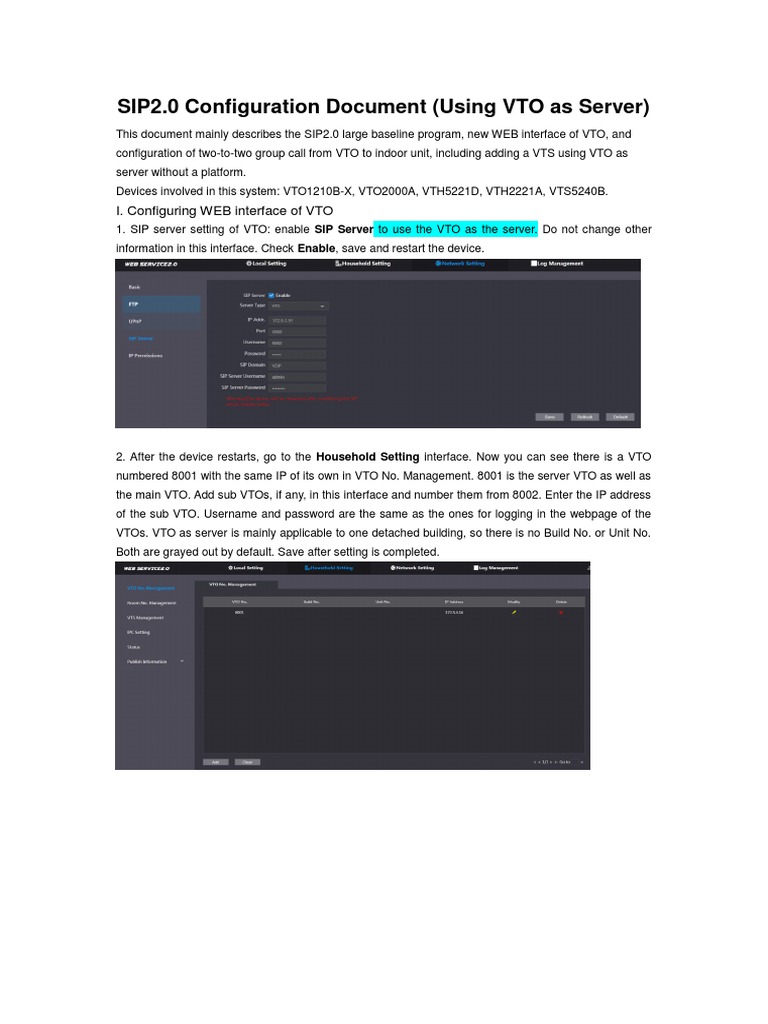 SIP2.0 Configuration Document (Using VTO As Server) | PDF | Ip Address | Session Initiation Protocol