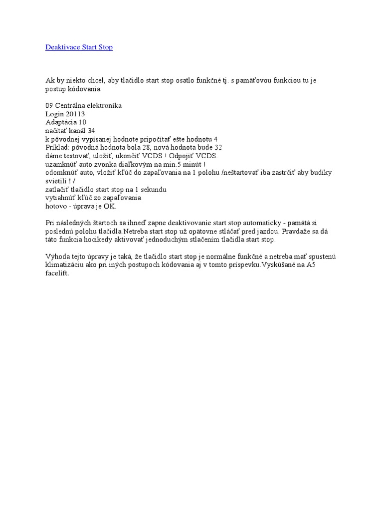 Audi A4 b9 Deaktivace Start Stop | PDF