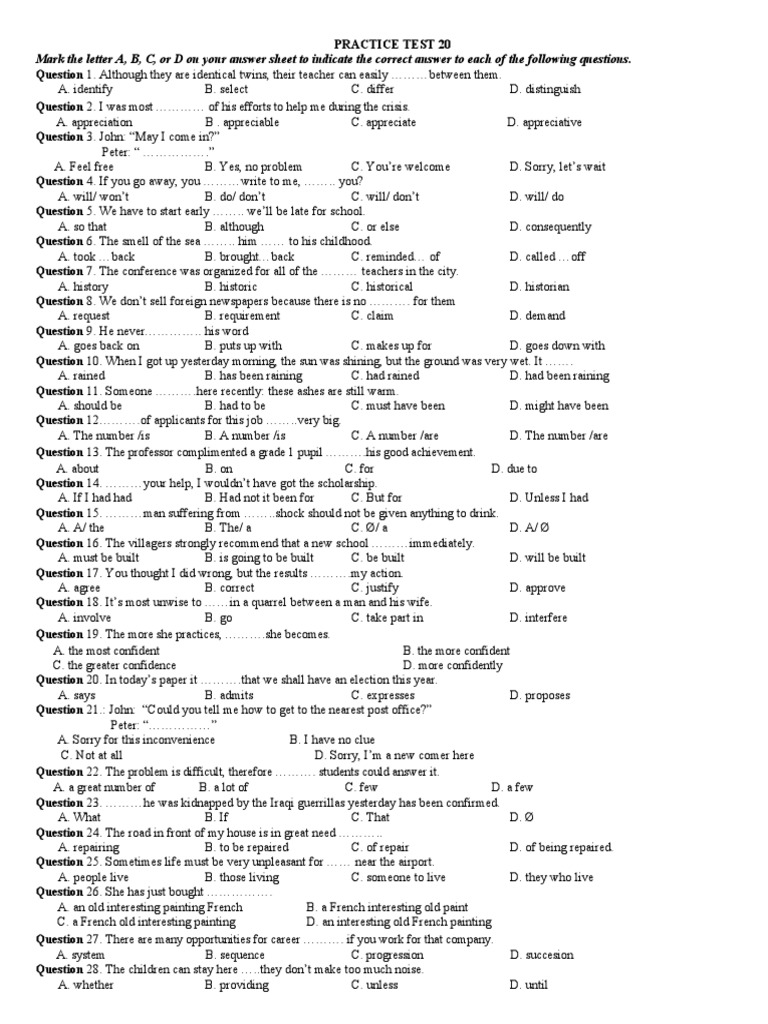 Mark The Letter A, B, C, or D On Your Answer Sheet To Indicate The ...