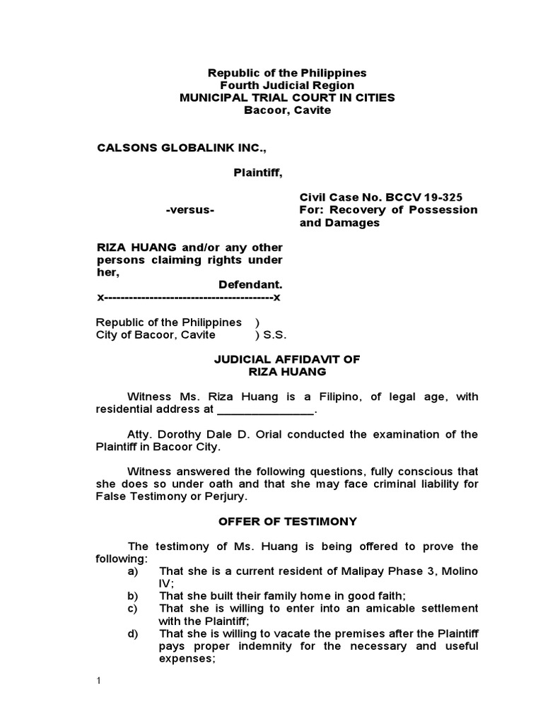 Riza Huang Judicial Affidavit Case BCCV 19-325 | PDF | Perjury | Affidavit