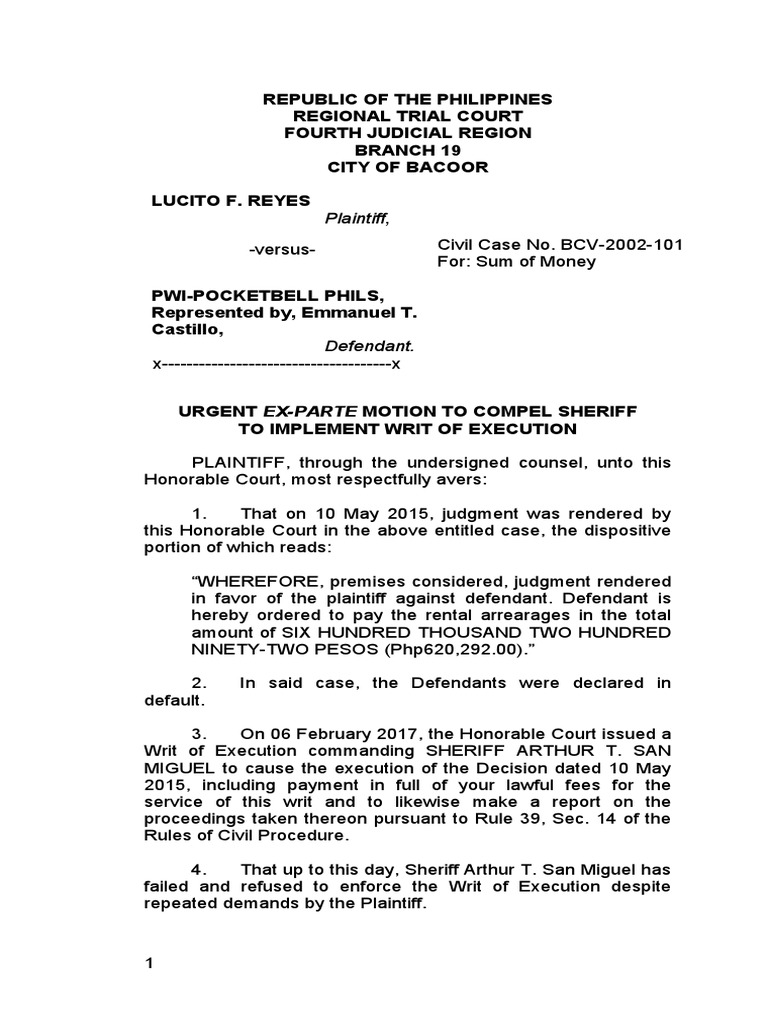 Motion To Compell Sheriff | PDF | Legal Procedure | Political Law