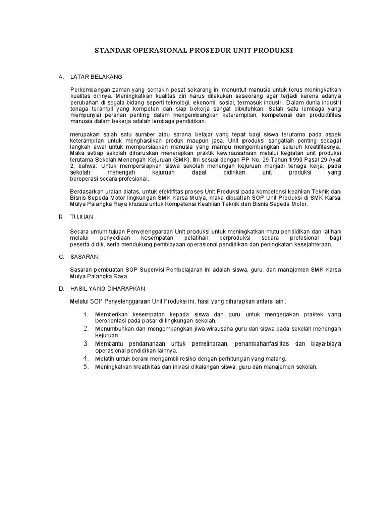 Standar Operasional Prosedur Unit Produksi | PDF