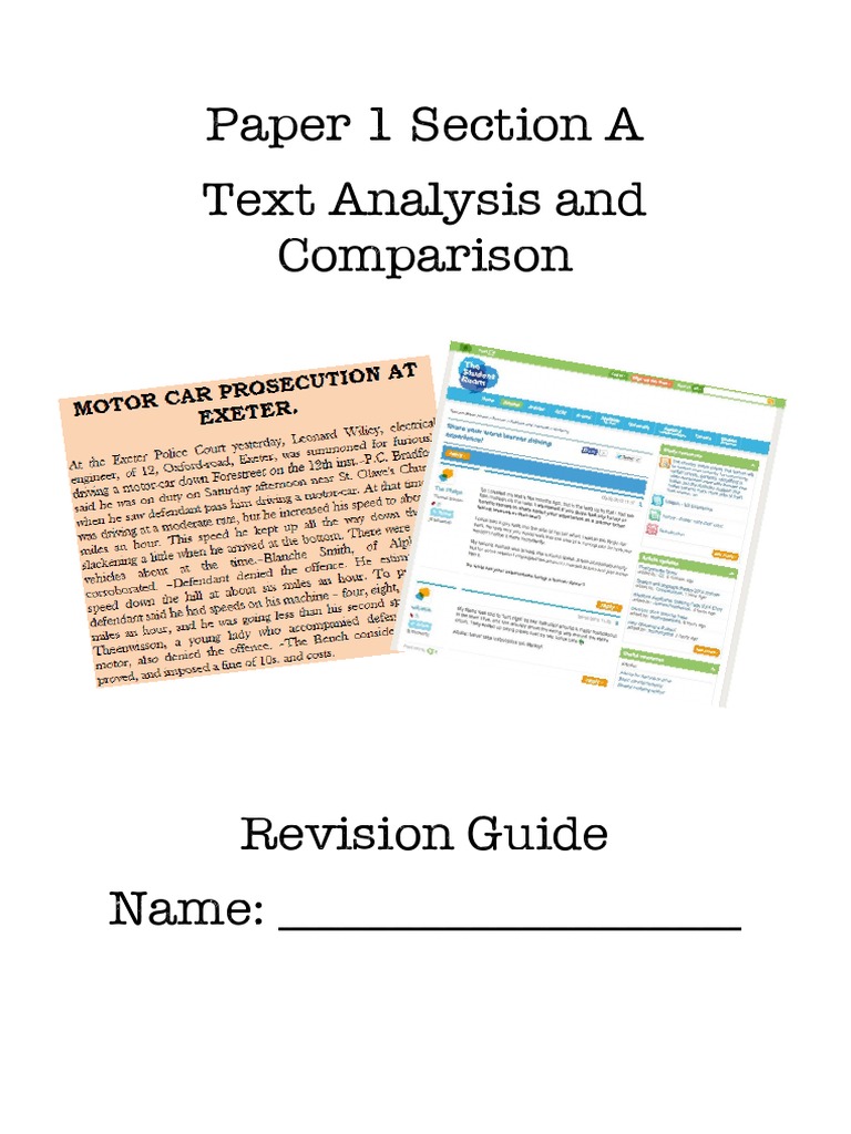 English Language Paper 1 Section A Text Analysis and Comparison | PDF ...
