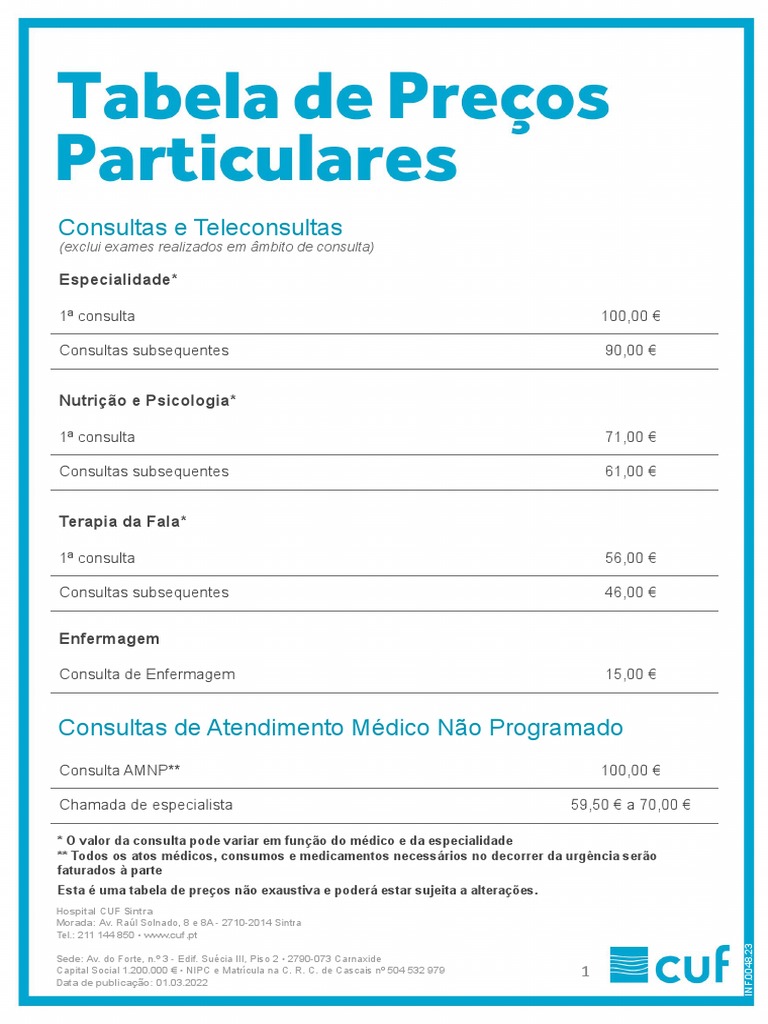 CUF Tabela de Preços Particulares - HSNT | PDF | Sistema de saúde ...