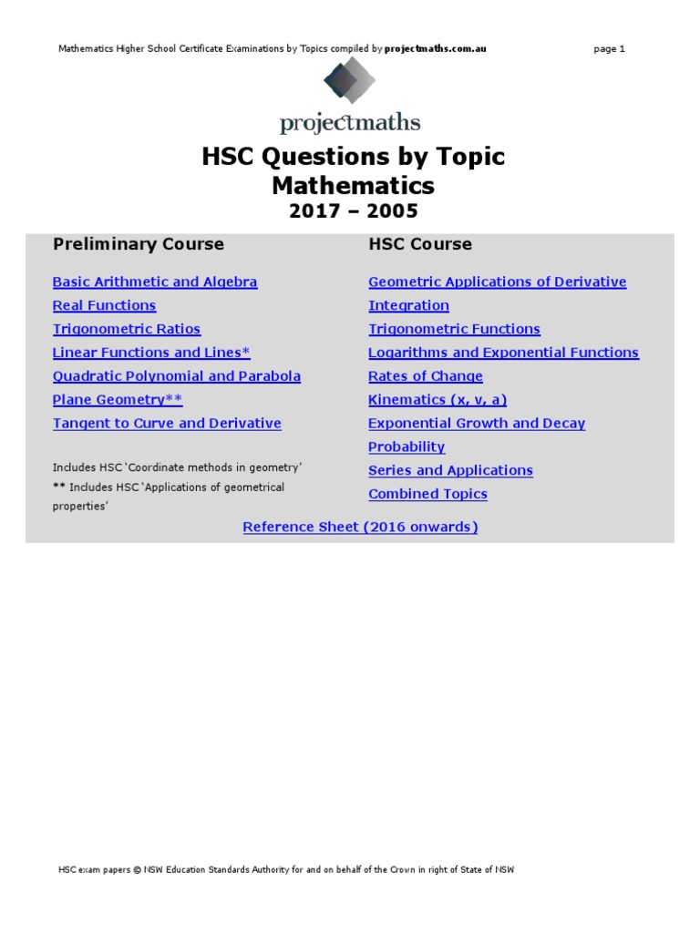 2017 - 2005 Mathematics HSC Old Syllabus | PDF | Function (Mathematics ...
