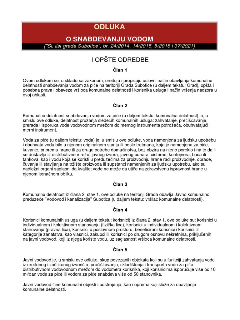 Odluka o Snabdevanju Vodom | PDF