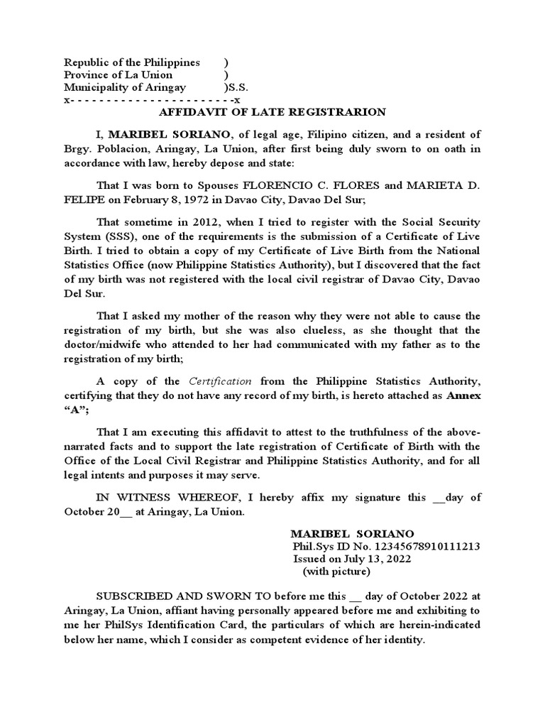 Affidavit of Late Registration of Birth - Sample | PDF